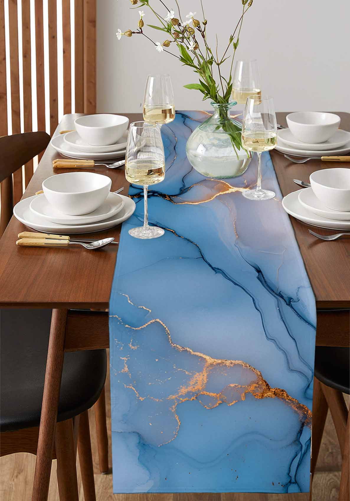 Blue Gradient Marble Table Runner 13x72in Non-Slip Cotton Linen Table ...