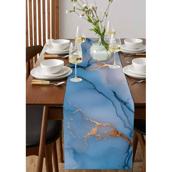 Blue Gradient Marble Table Runner 13x72in Non-Slip Cotton Linen Table ...