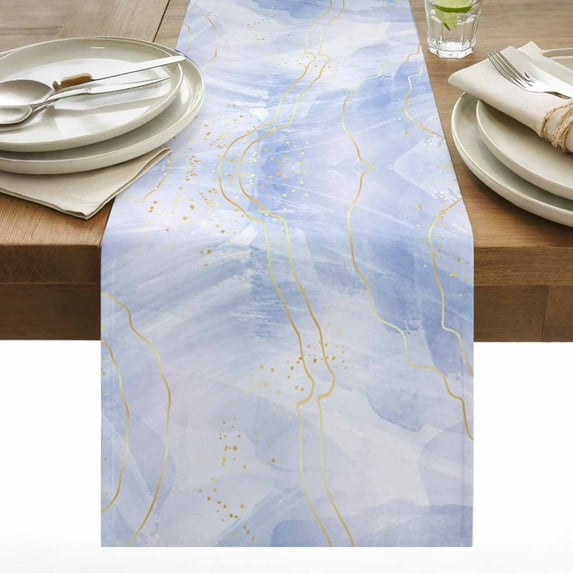 Blue Gradient Marble Table Runner 13x90 inch Golden Lines Cotton Linen ...