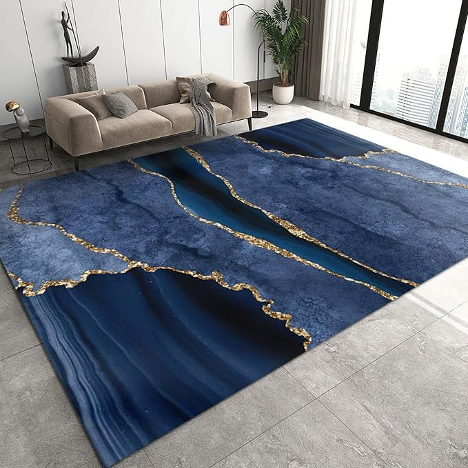Blue Gradient Marble Texture Area Carpet, Retro Golden Lines Light ...