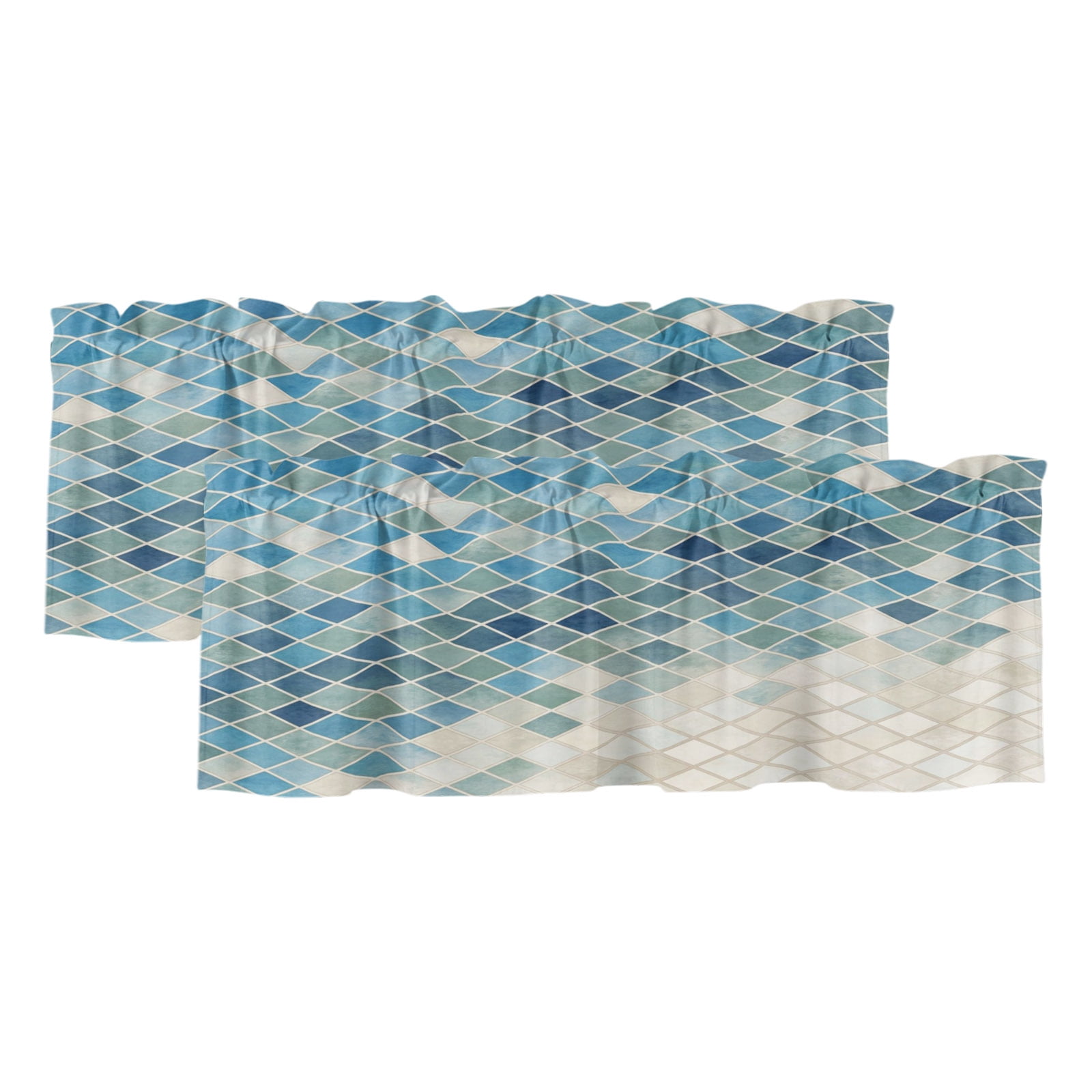 Blue Gradient Mosaic 2 Panels Kitchen Valance, Grid Abstract Color ...