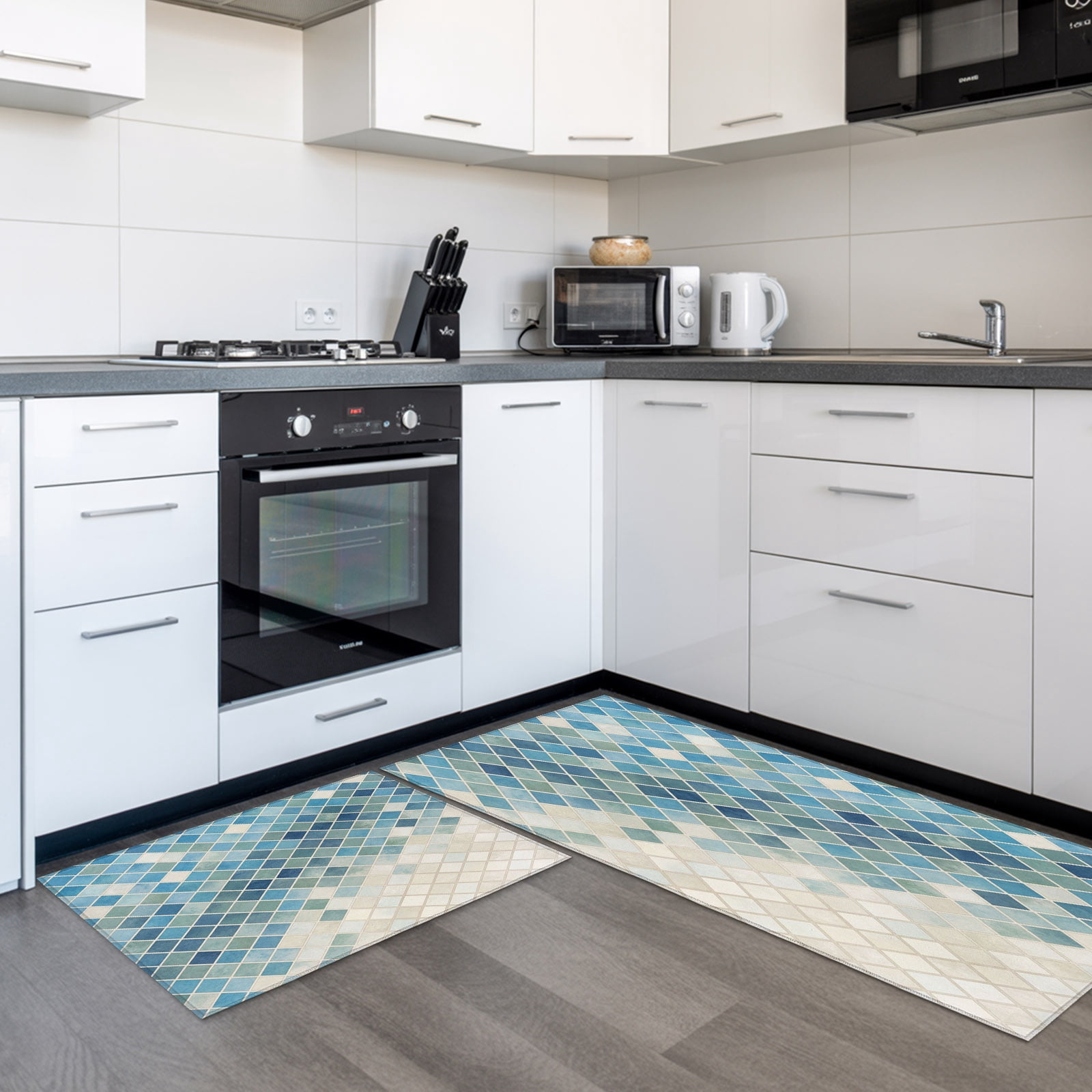 Blue Gradient Mosaic 2 Pieces Non-Slip Kitchen Mat Set, Grid Abstract ...