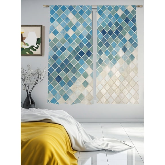 Blue Gradient Mosaic Abstract Geometric Chiffon Sheer Curtains 63 ...