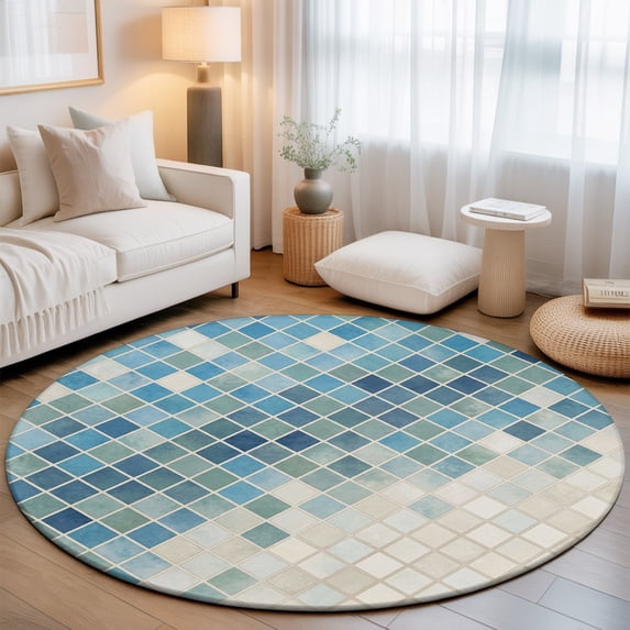 Blue Gradient Mosaic Abstract Geometric Round Rug 5ft Gingham Check ...