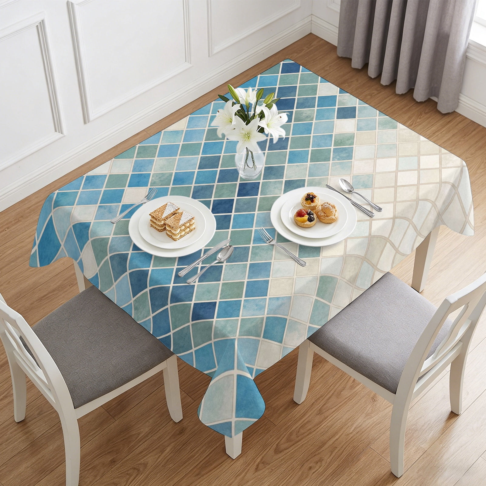 Blue Gradient Mosaic Abstract Geometric Table Cloth 60x84in, Waterproof ...