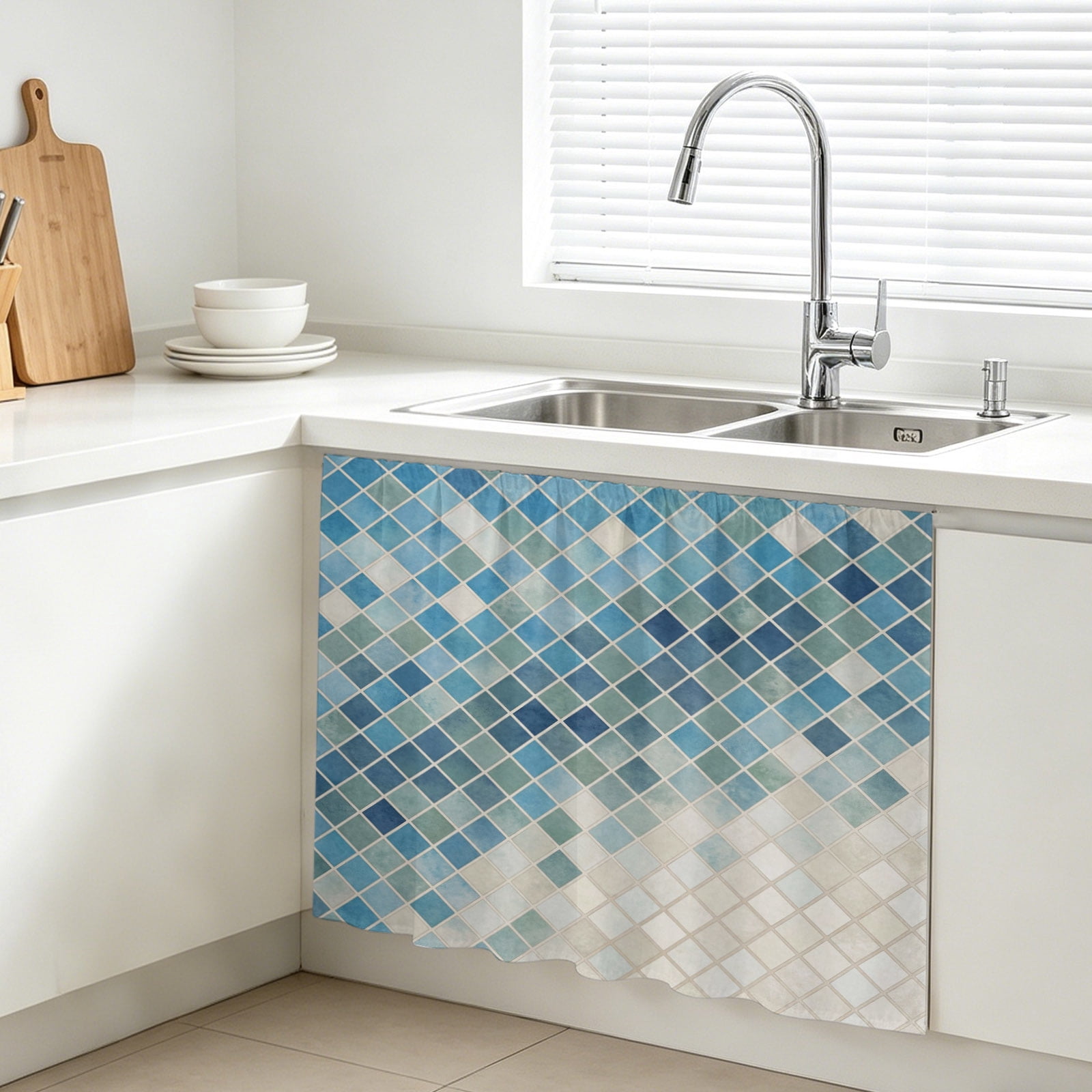 Blue Gradient Mosaic Cabinet Curtain, Grid Abstract Color Block Sink ...