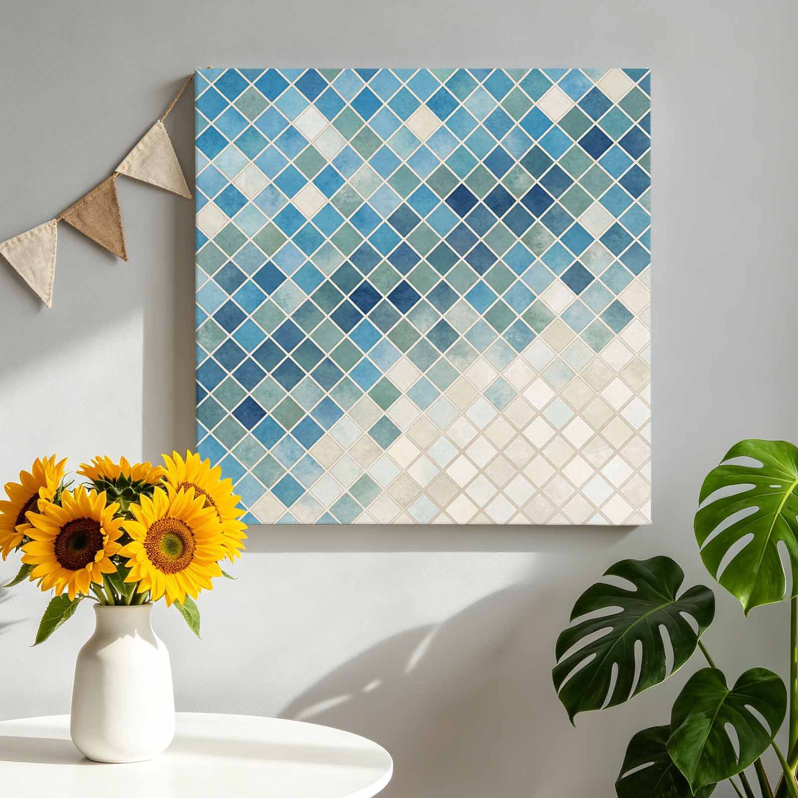 Blue Gradient Mosaic Canvas Wall Art for Living Room, Grid Abstract ...
