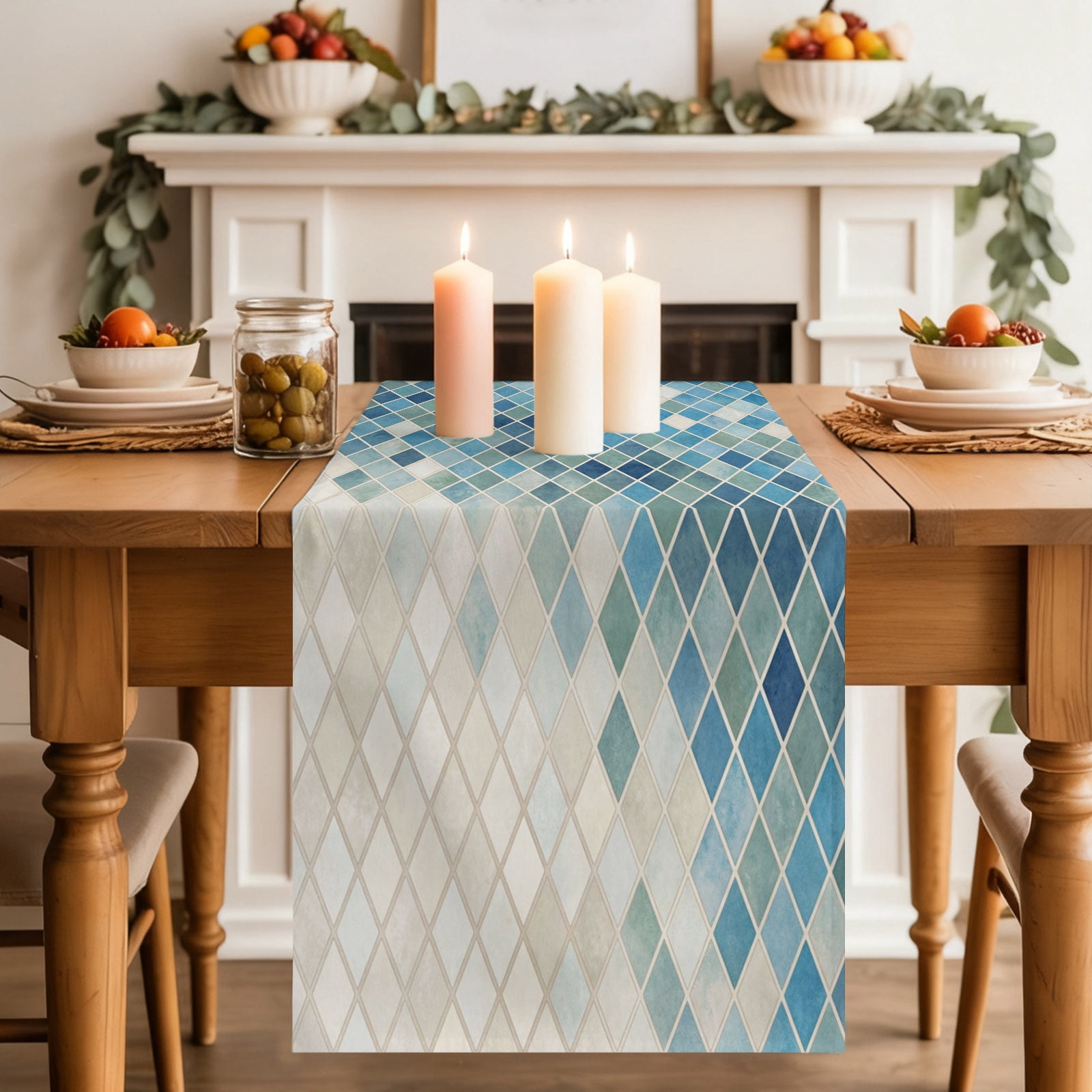 Blue Gradient Mosaic Dining Table Runner, Grid Abstract Color Block ...