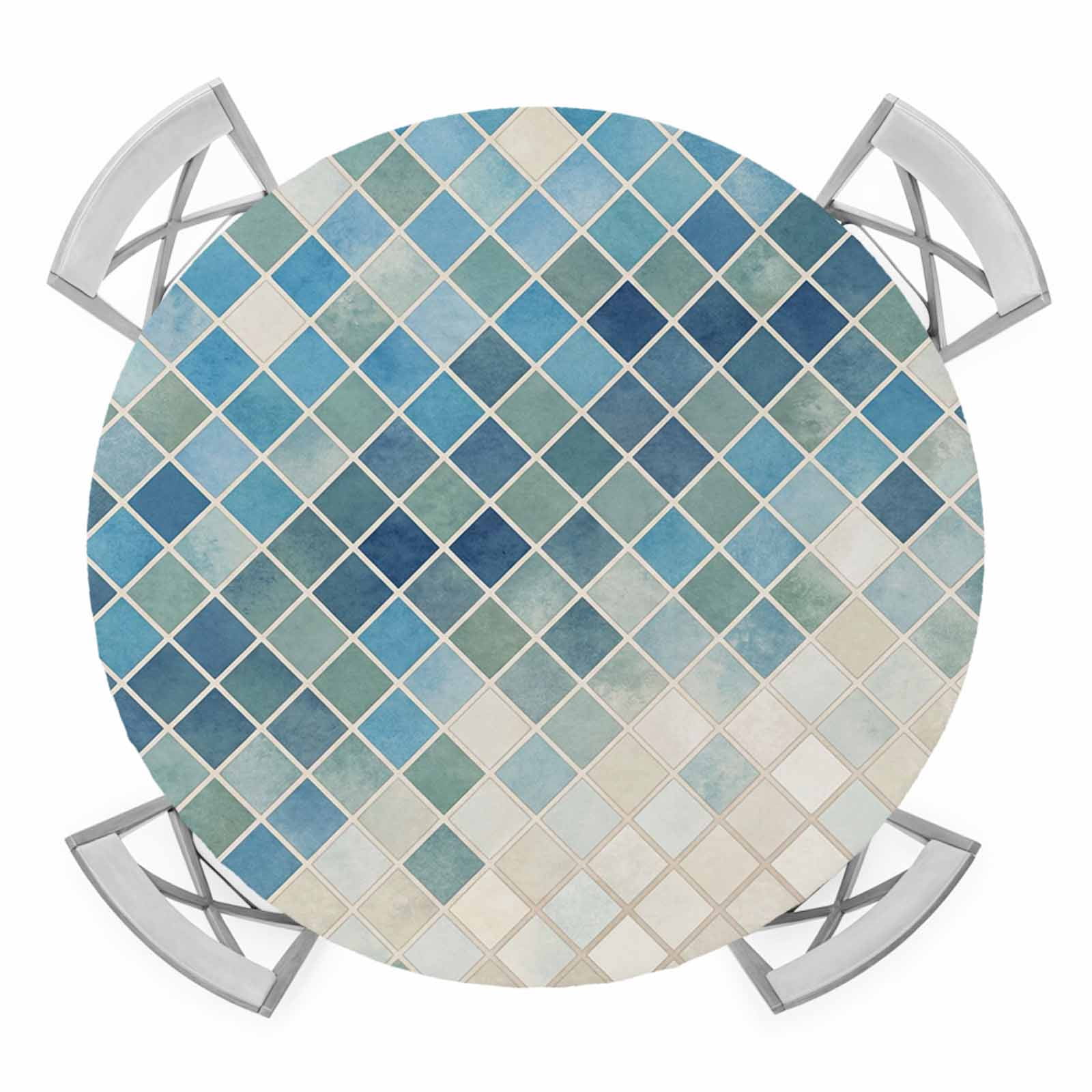 Blue Gradient Mosaic Round Table Cover, Grid Abstract Color Block ...