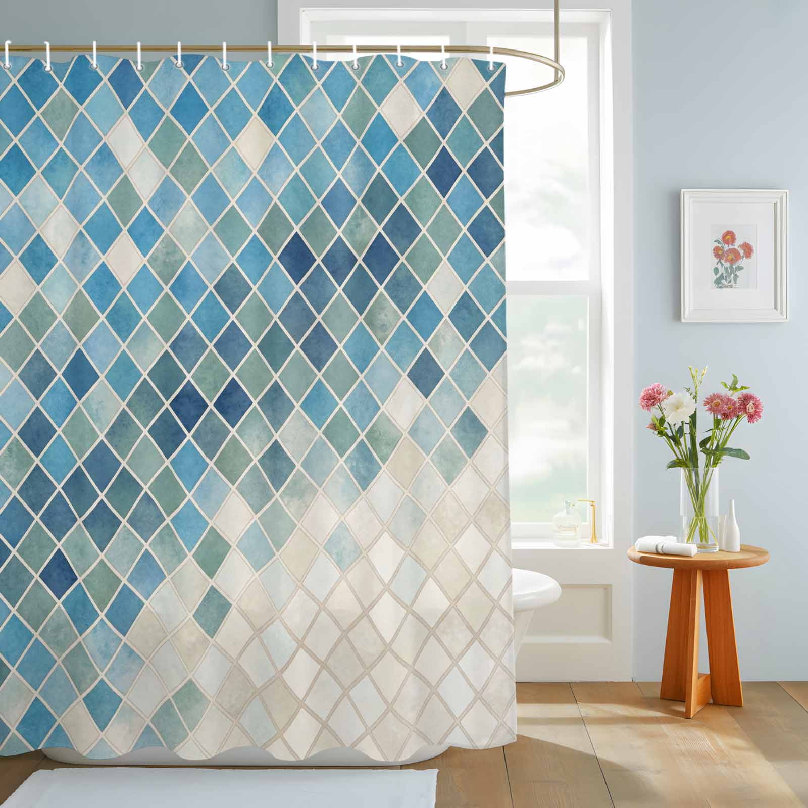 Blue Gradient Mosaic Shower Curtain, Grid Abstract Color Block ...
