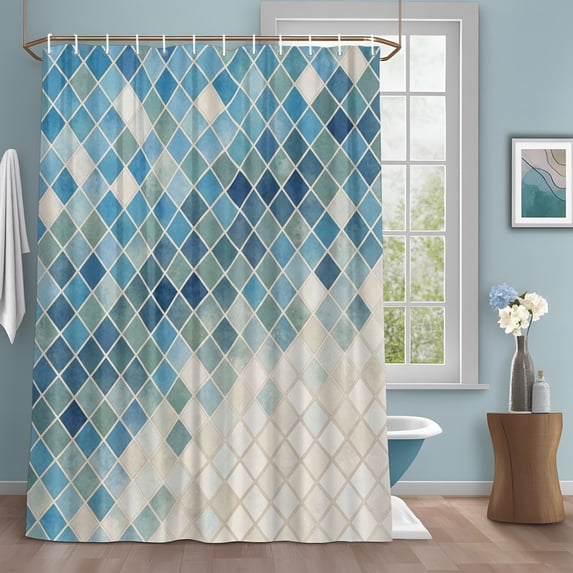 Blue Gradient Mosaic Shower Curtain Set with Hooks, Grid Abstract Color ...