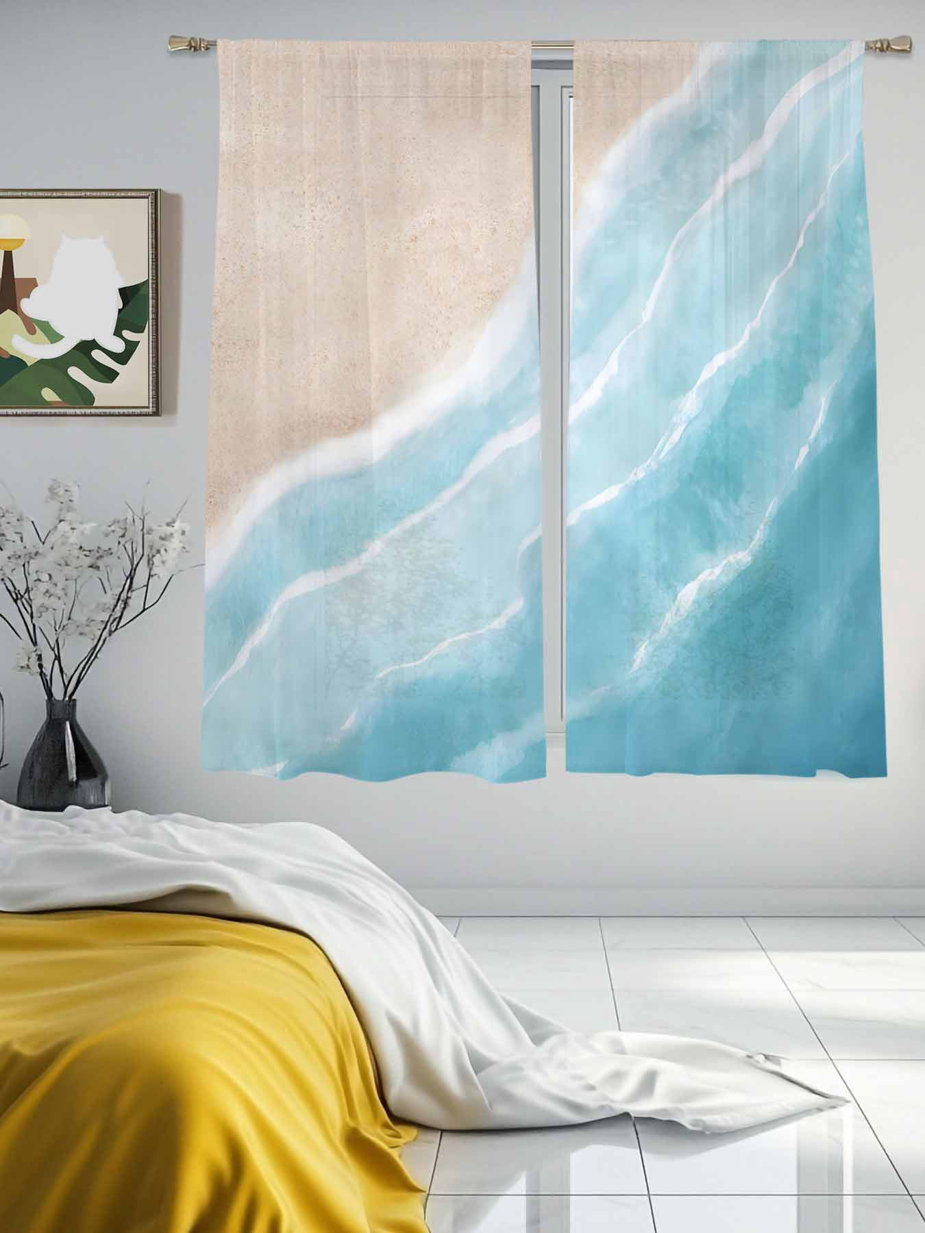 Blue Gradient Ocean Sea Wave Chiffon Sheer Curtains 63 Inches Long ...