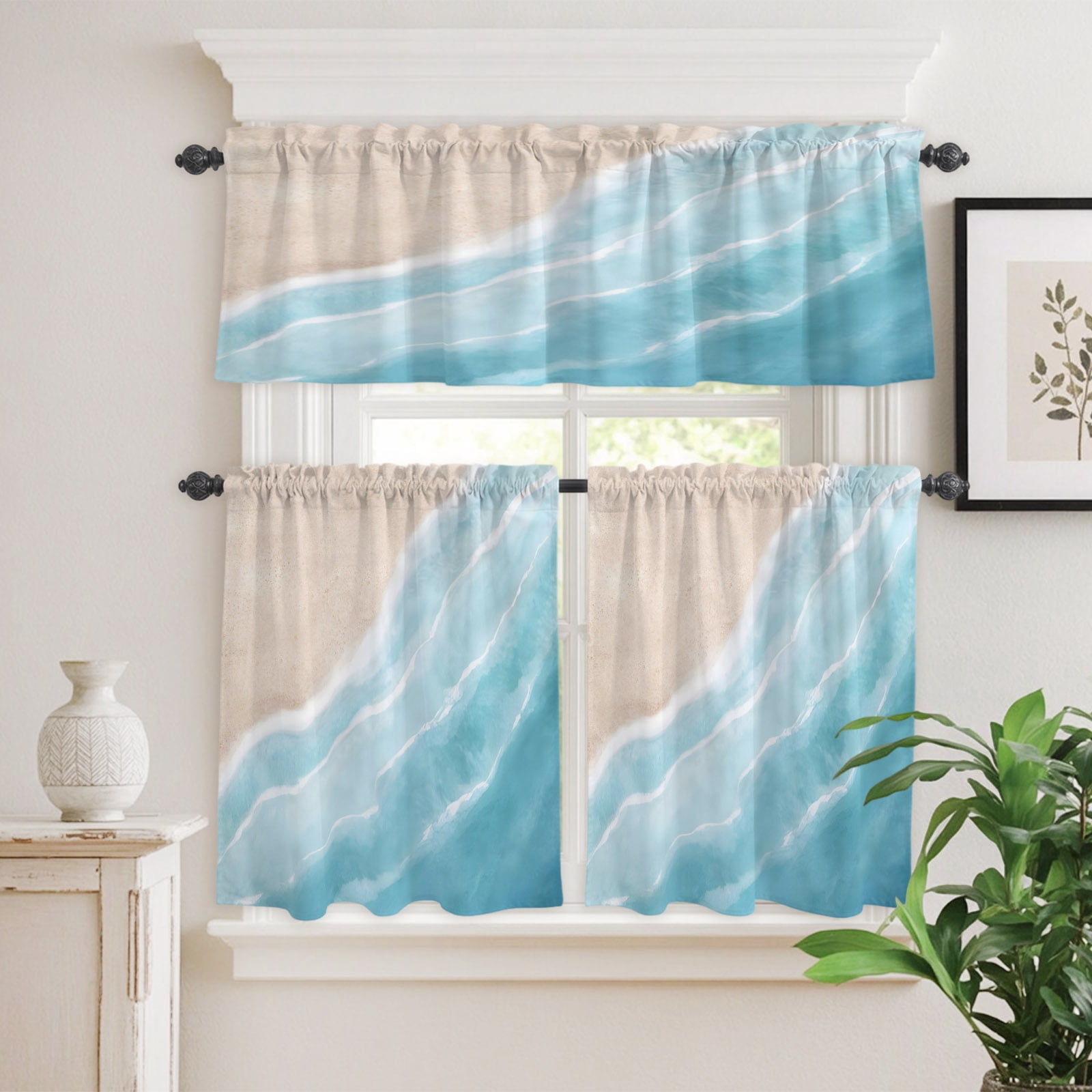 Blue Gradient Ocean Sea Wave Curtain Tier and Valance Set 3 Piece ...