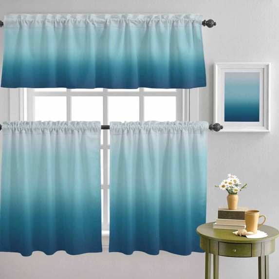 Blue Gradient Ombre Curtain Tier and Valance Set 3 Piece, Watercolor ...
