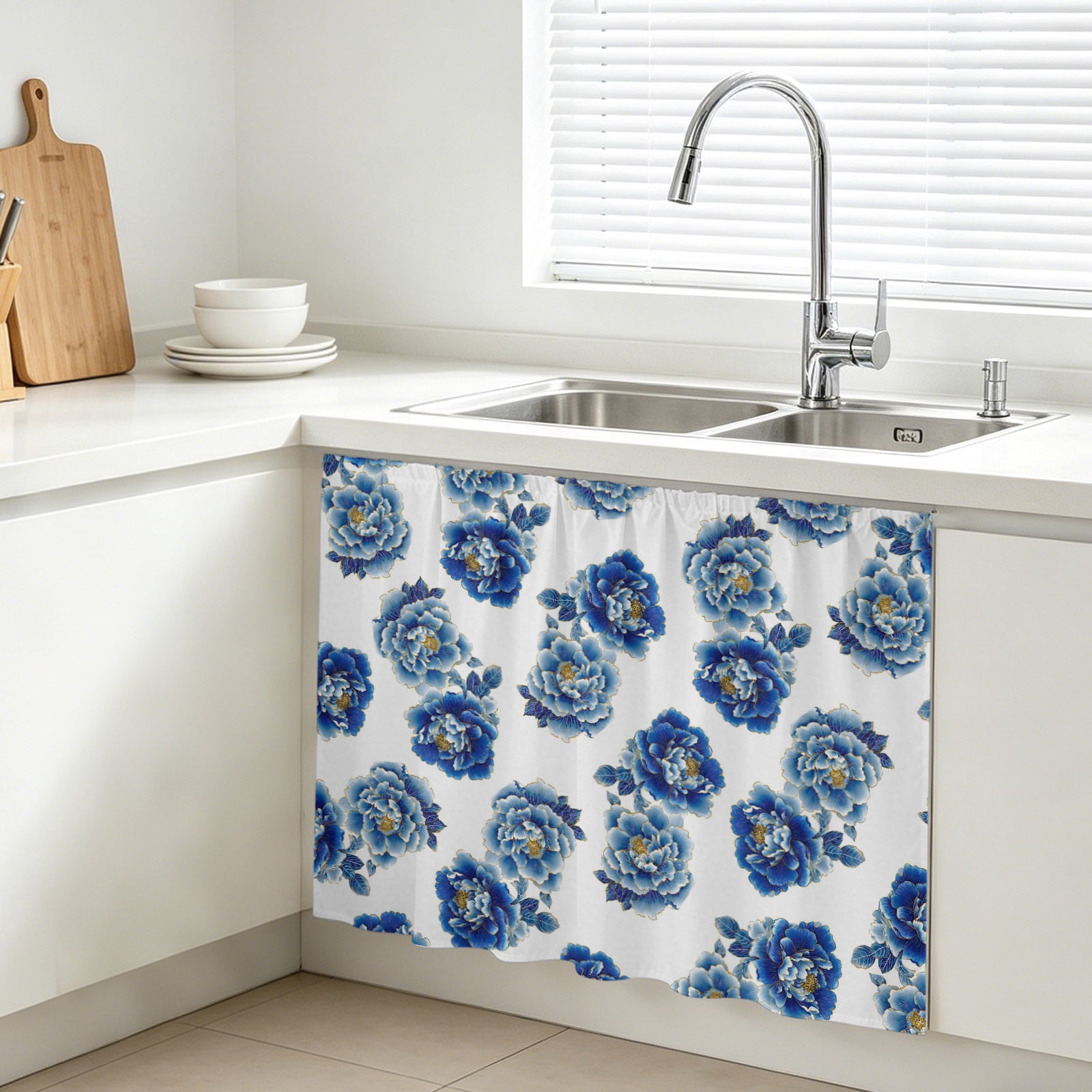 Blue Gradient Peony Flower Cabinet Curtains for Kitchen 28"W x 35"L ...