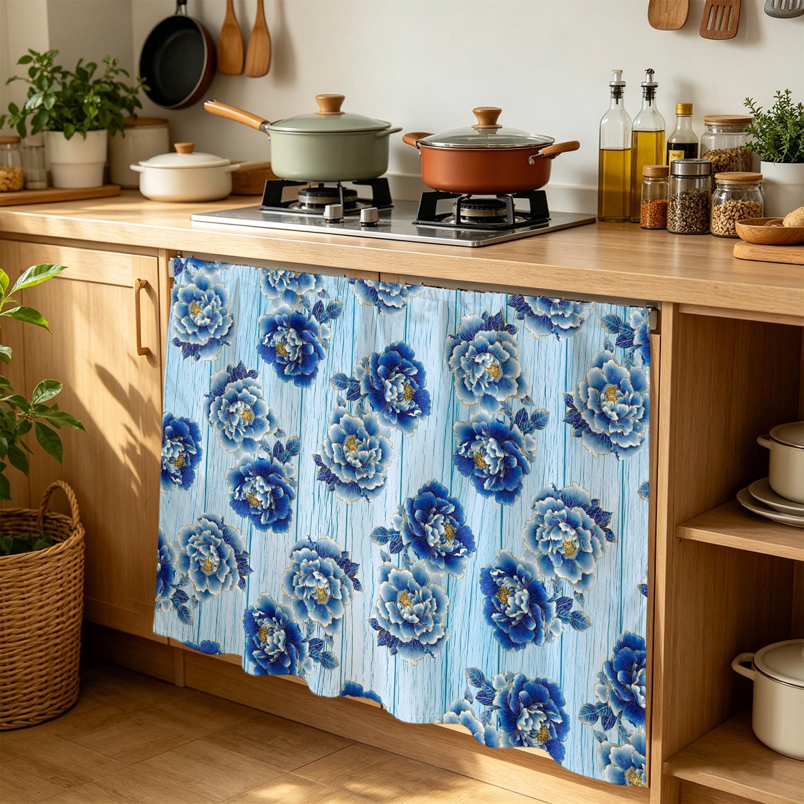 Blue Gradient Peony Flower Cabinet Curtains for Kitchen 35"W x 35"L ...