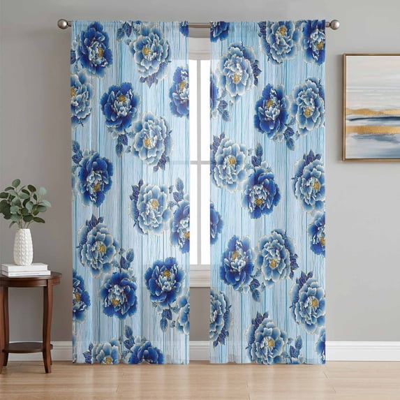 Blue Gradient Peony Flower Sheer Curtains for Living Room Bedroom ...