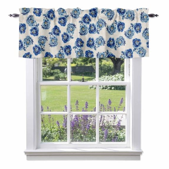 Blue Gradient Peony Flower Valances for Windows, Country Floral Retro ...