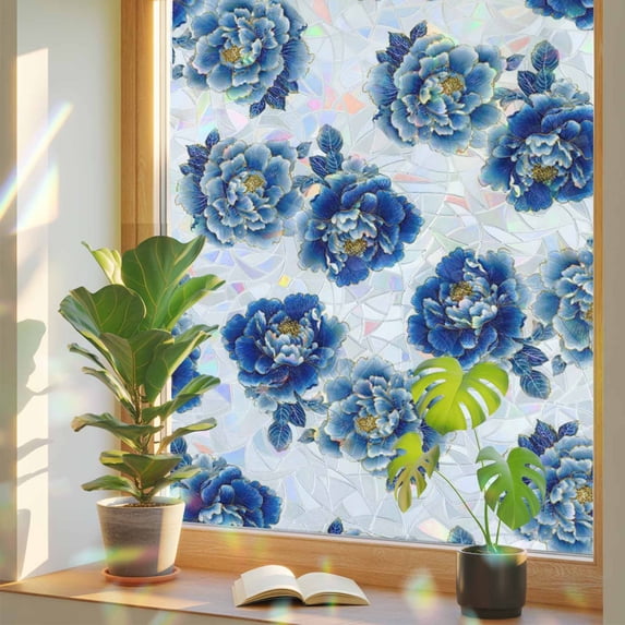 Blue Gradient Peony Flower Window Privacy Film, Country Floral Retro ...
