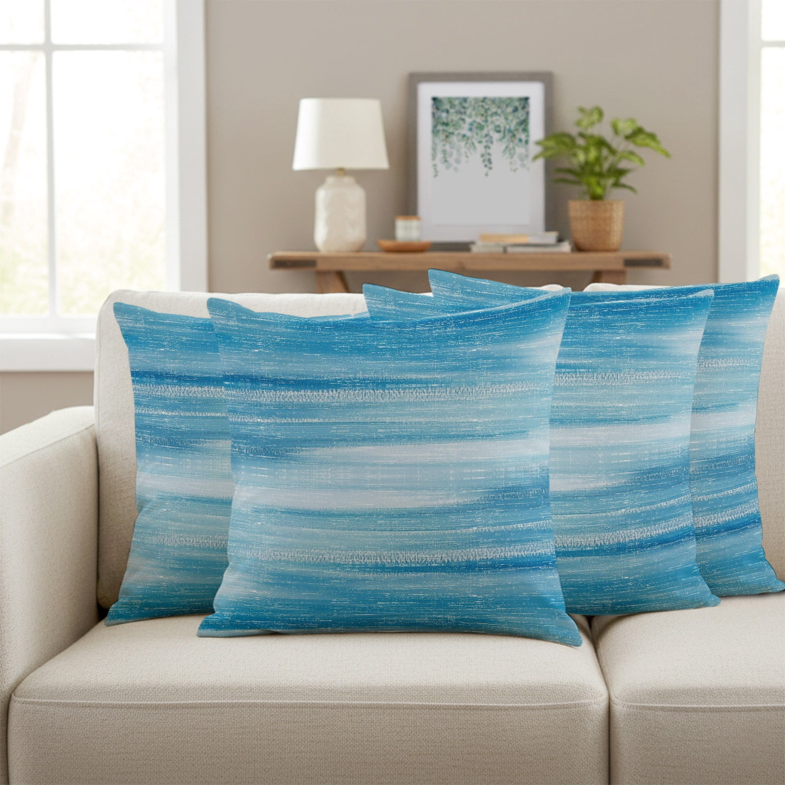Blue Gradient Pillow Covers Set of 4, Minimalist Sea Waves Modern ...