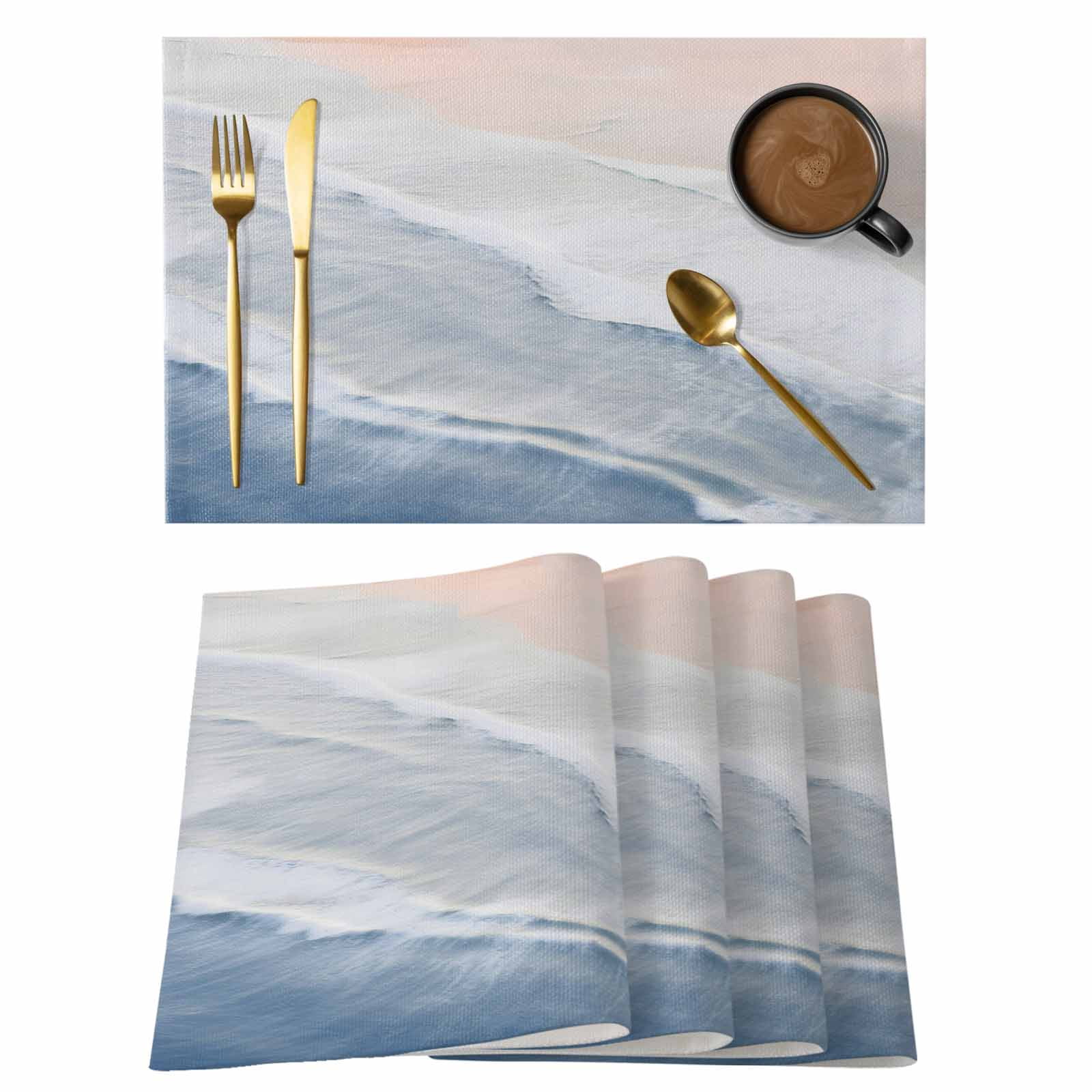 Blue Gradient Placemats Set of 2, Sea Waves Sandy Beach Coastal Scenery ...
