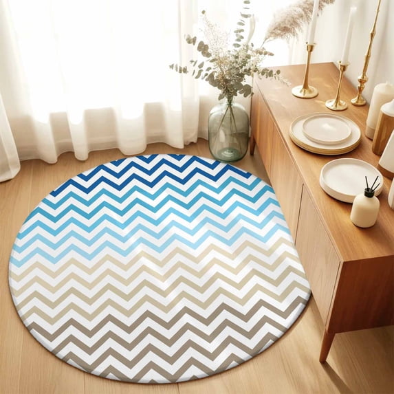 Blue Gradient Ripple Zigzag Chevron Round Rug 3ft Abstract Geometric ...