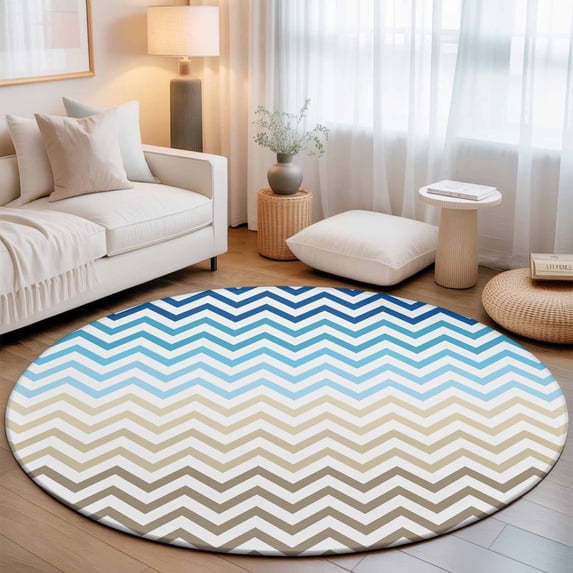 Blue Gradient Ripple Zigzag Chevron Round Rug 5ft Abstract Geometric ...
