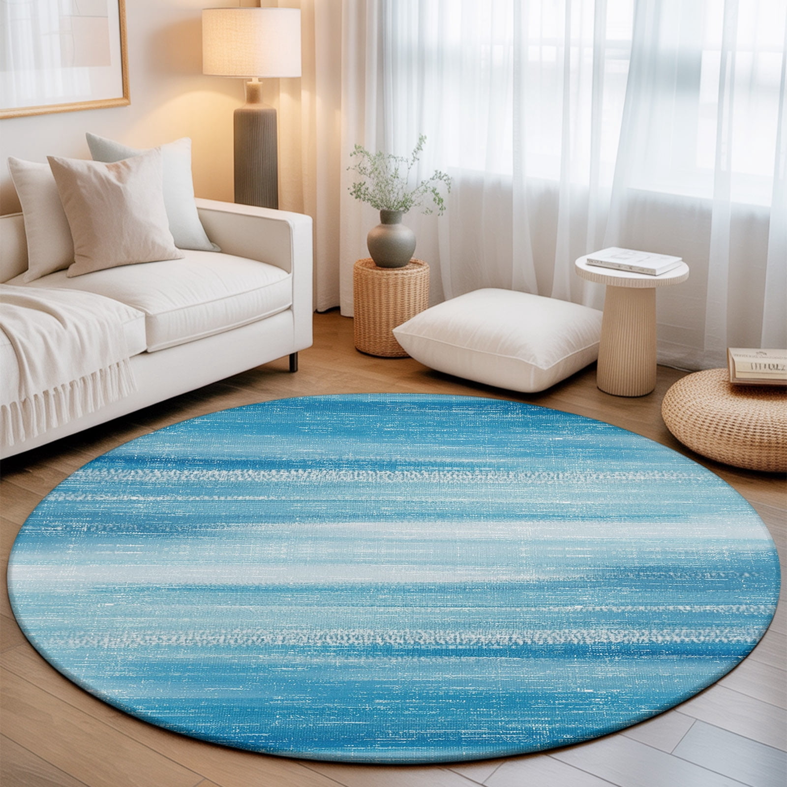 Blue Gradient Round Living Room Rugs 3.3 ft, Minimalist Sea Waves ...