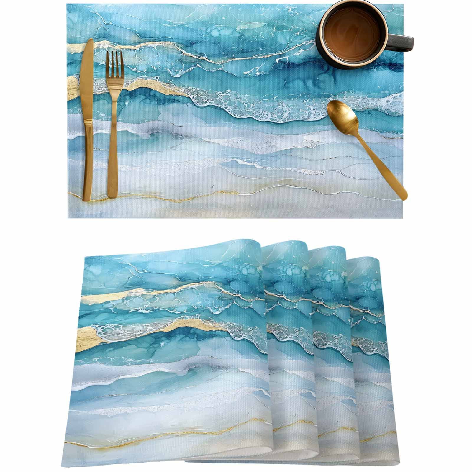 Blue Gradient Seawater Abstract Waves Placemats Set of 4,Wipeable ...
