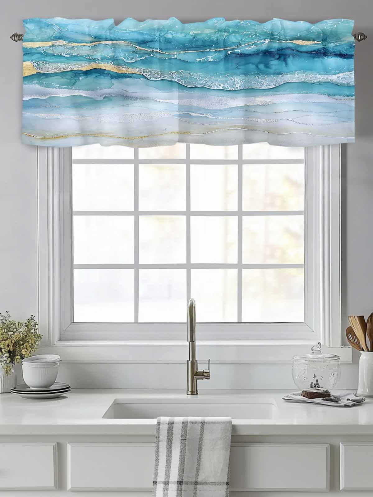 Blue Gradient Seawater Abstract Waves Valances for Windows,Kitchen ...