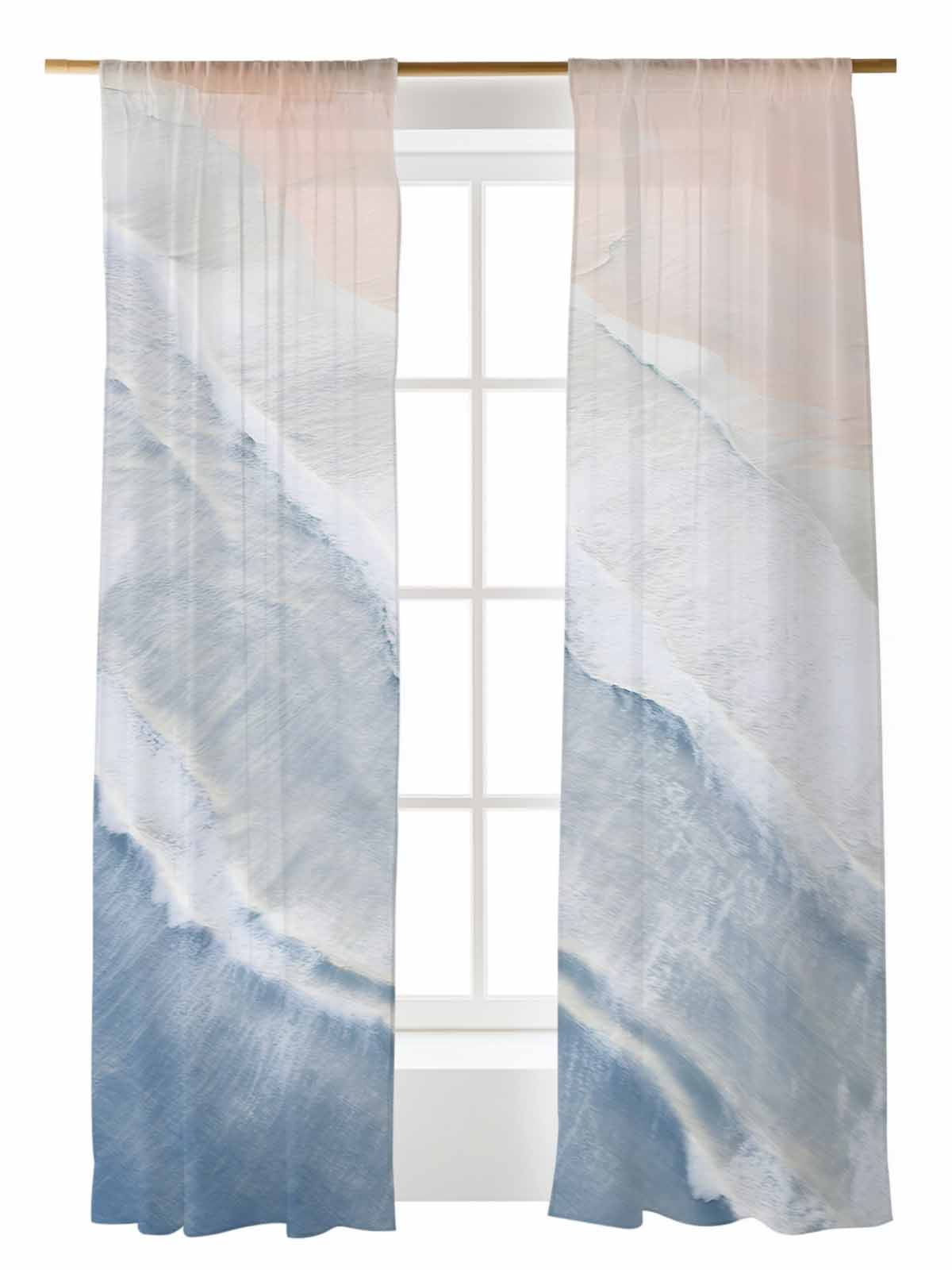 Blue Gradient Sheer Curtains 96 Inch Long 2 Panels, Sea Waves Sandy ...