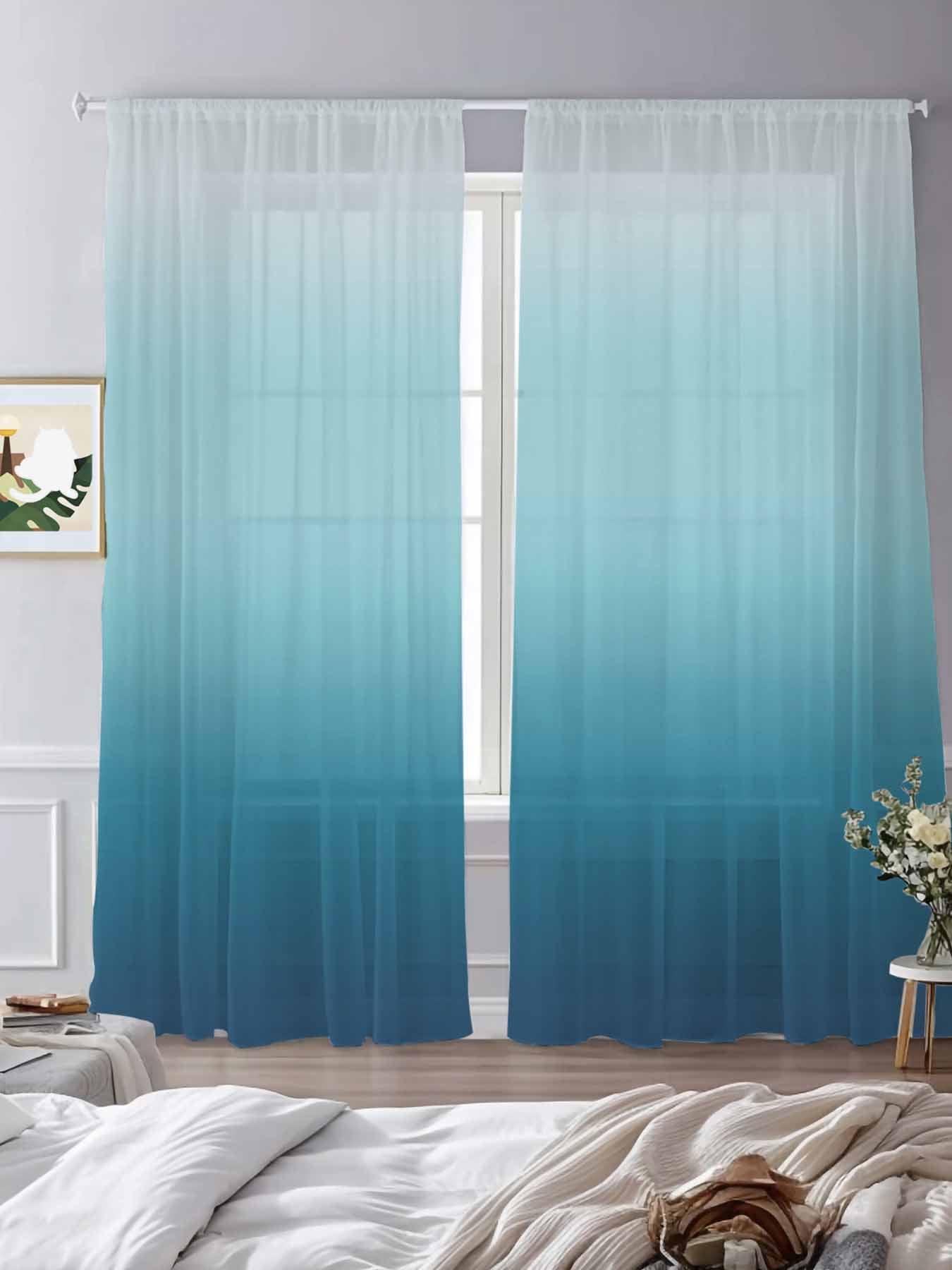 Blue Gradient Sheer Curtains 96 inches Long 2 Panels Set Tiers Sheers ...