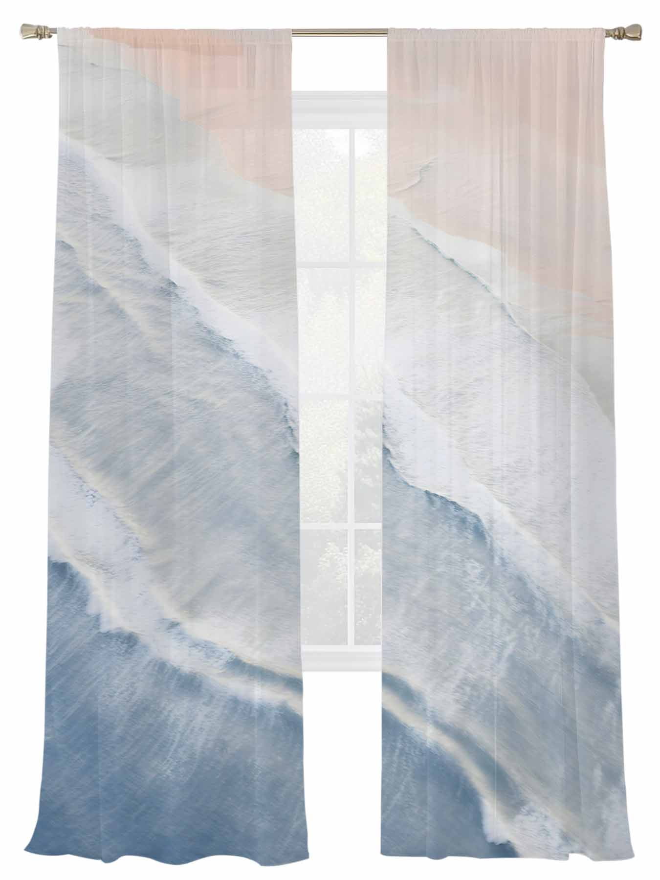 Blue Gradient Sheer Curtains for Living Room Bedroom, Sea Waves Sandy ...