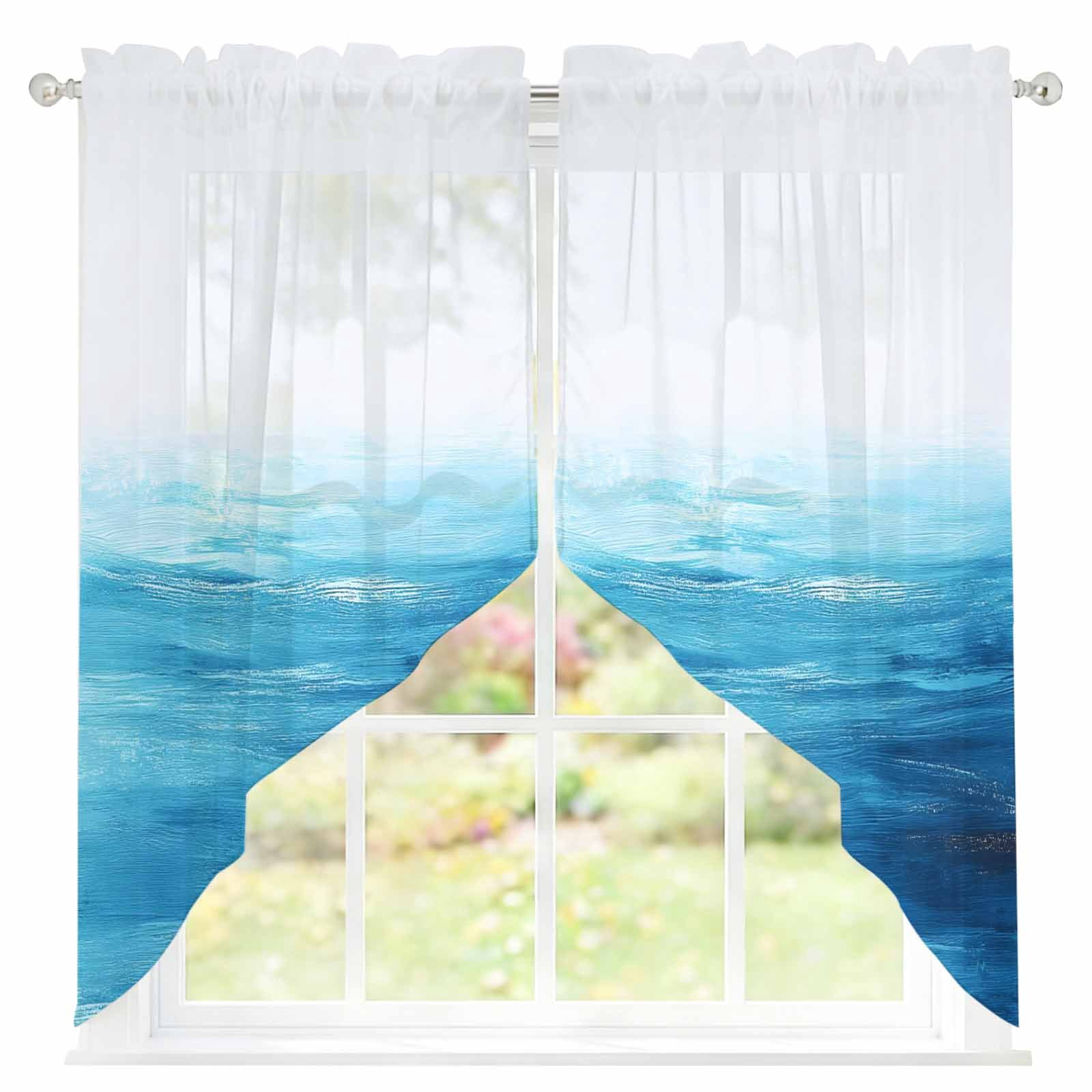 Blue Gradient Sheer Curtains Swag Valances for Windows Ocean Abstract ...