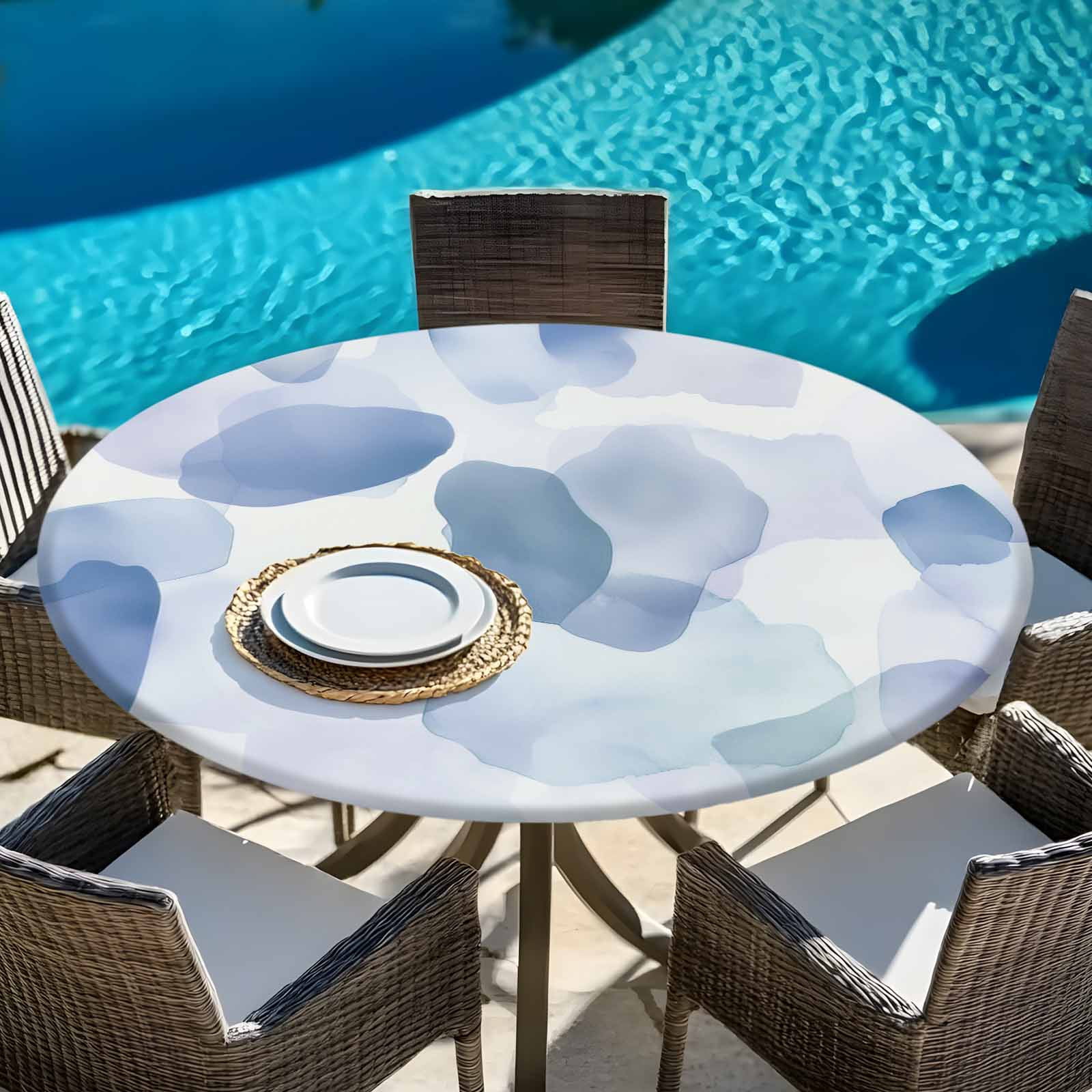 Blue Gradient Smudge Art Round Fitted Tablecloth with Elastic Edge ...