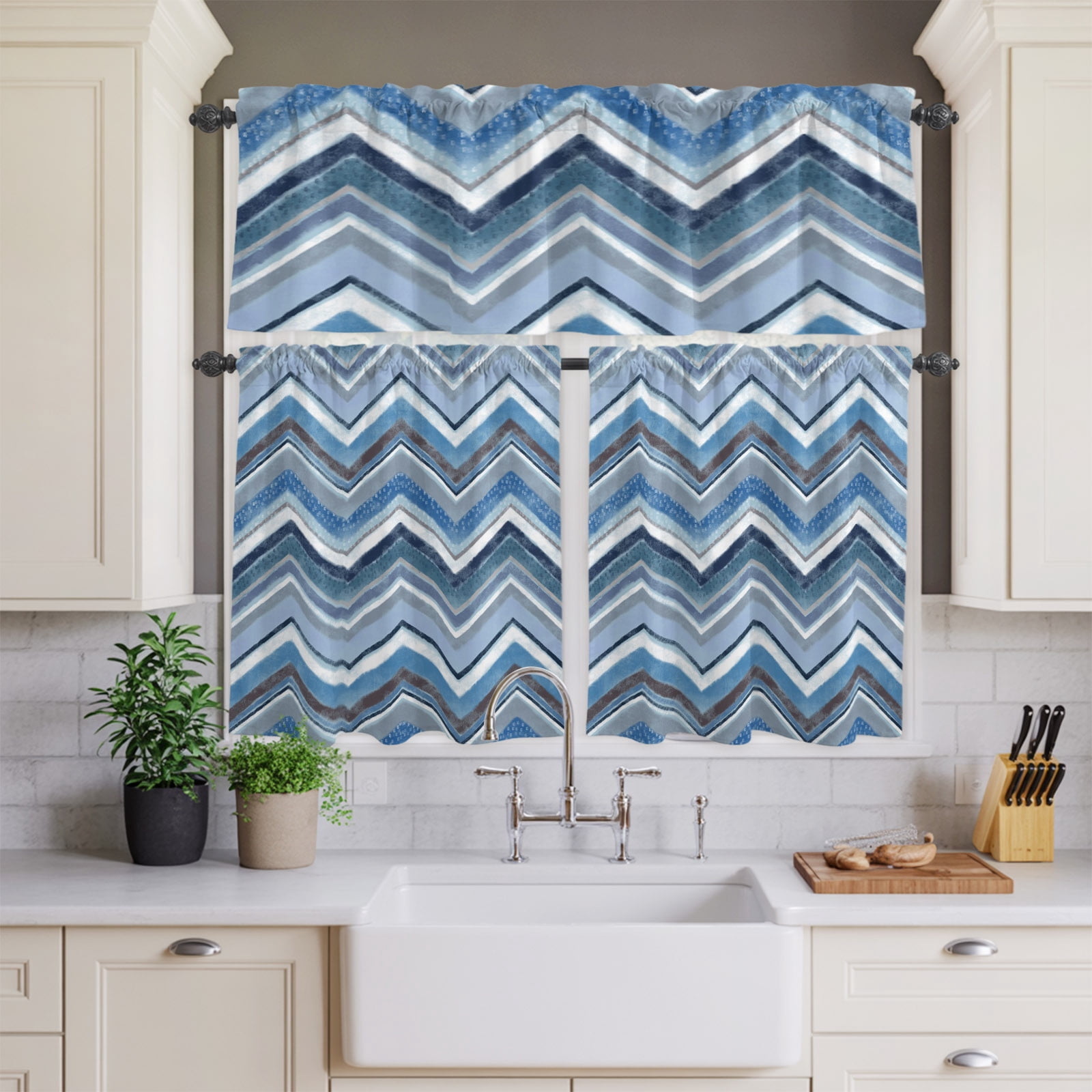 Blue Gradient Stripe Nordic Style Curtain Tier and Valance Set 3 Piece ...