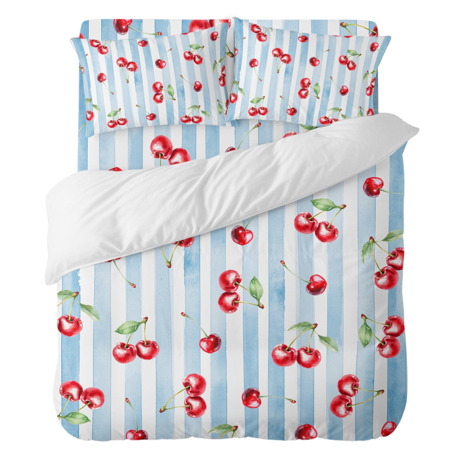 Blue Gradient Stripes Comforter Set Queen Size, Summer Red Cherry Fruit ...