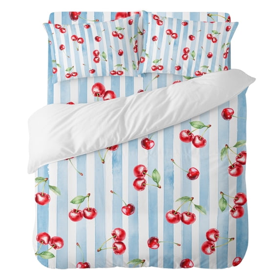 Blue Gradient Stripes Comforter Set Queen Size, Summer Red Cherry Fruit ...