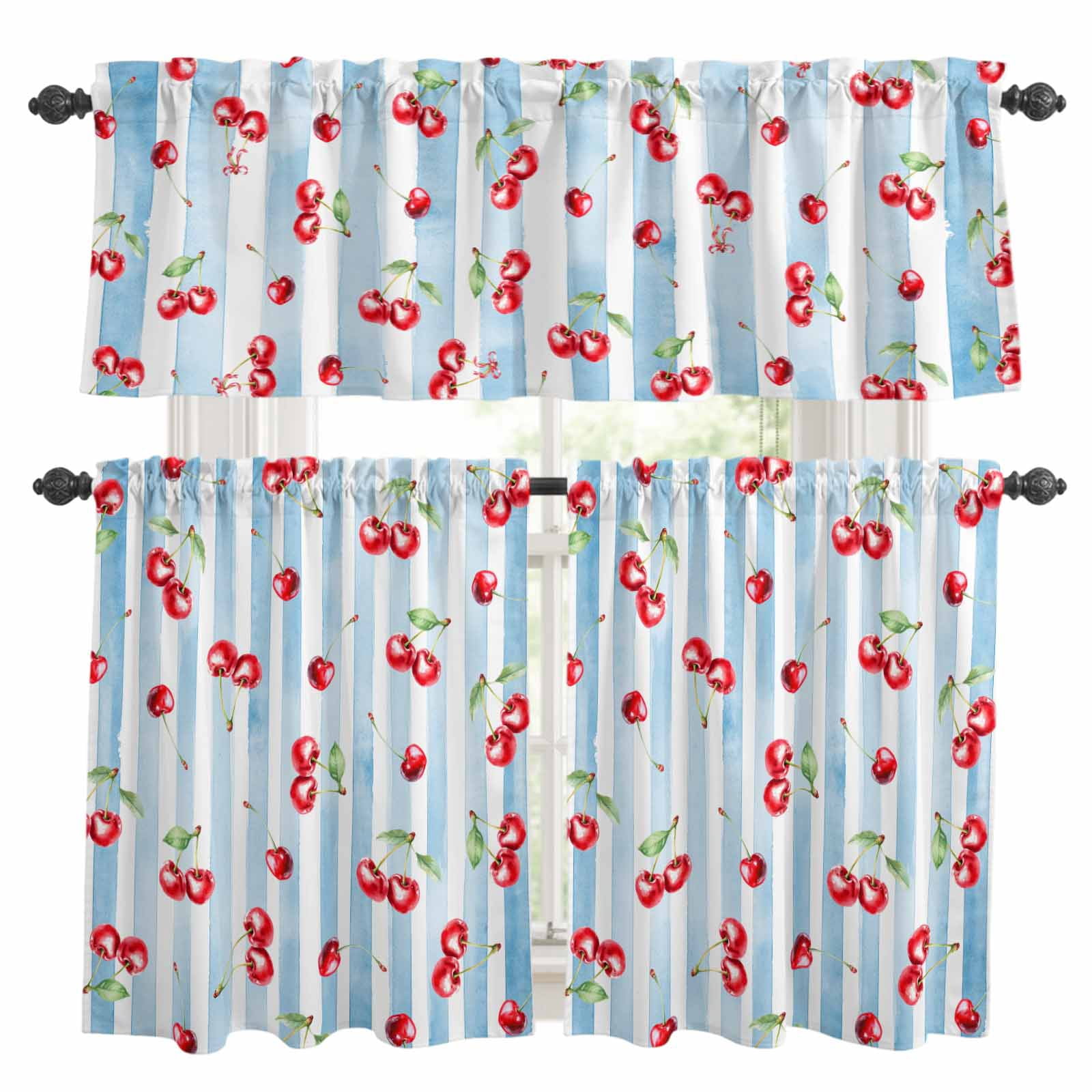 Blue Gradient Stripes Kitchen Curtains Set for Windows, Summer Red ...
