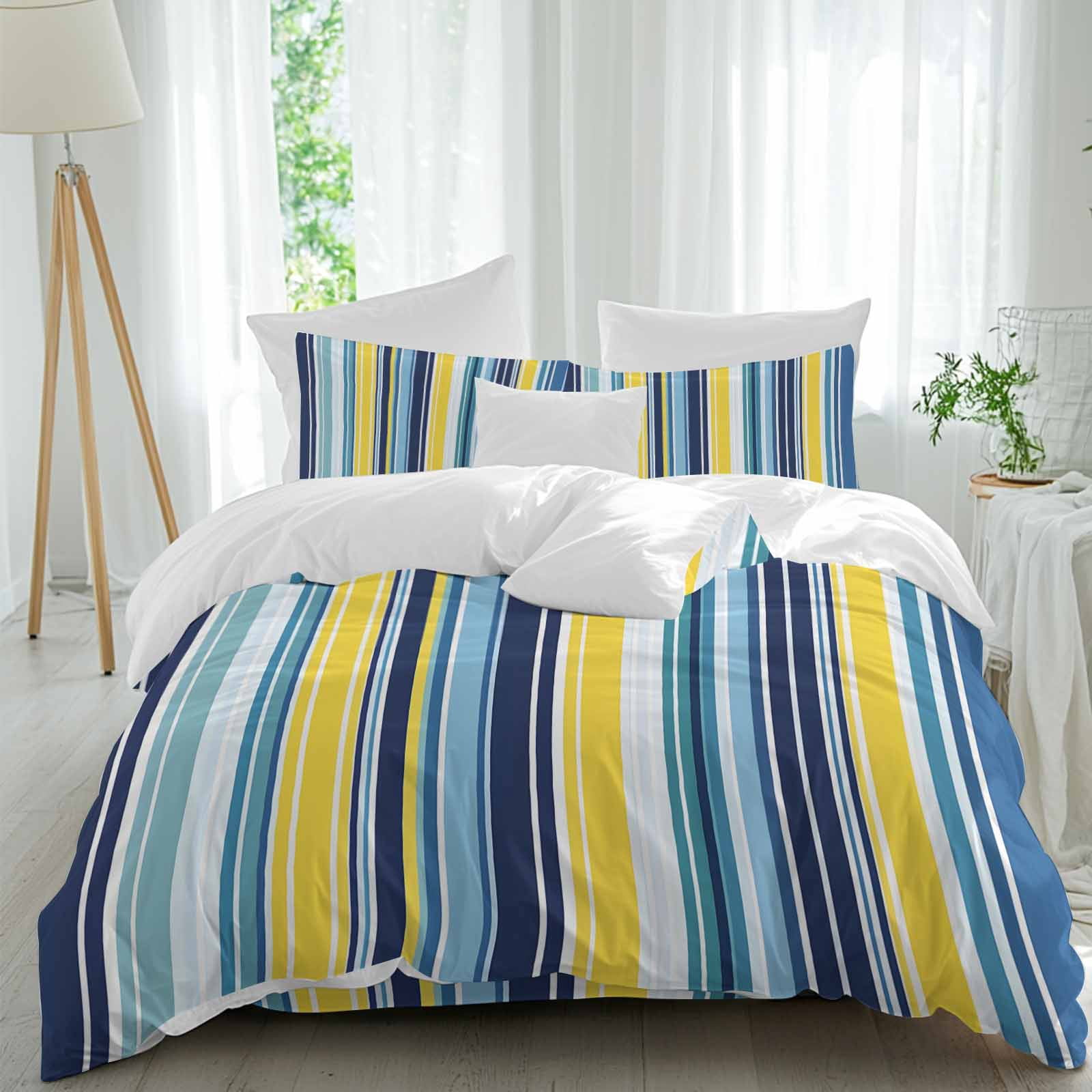 Blue Gradient Stripes Queen Size Bed Set,Color Line Abstract Geometric ...