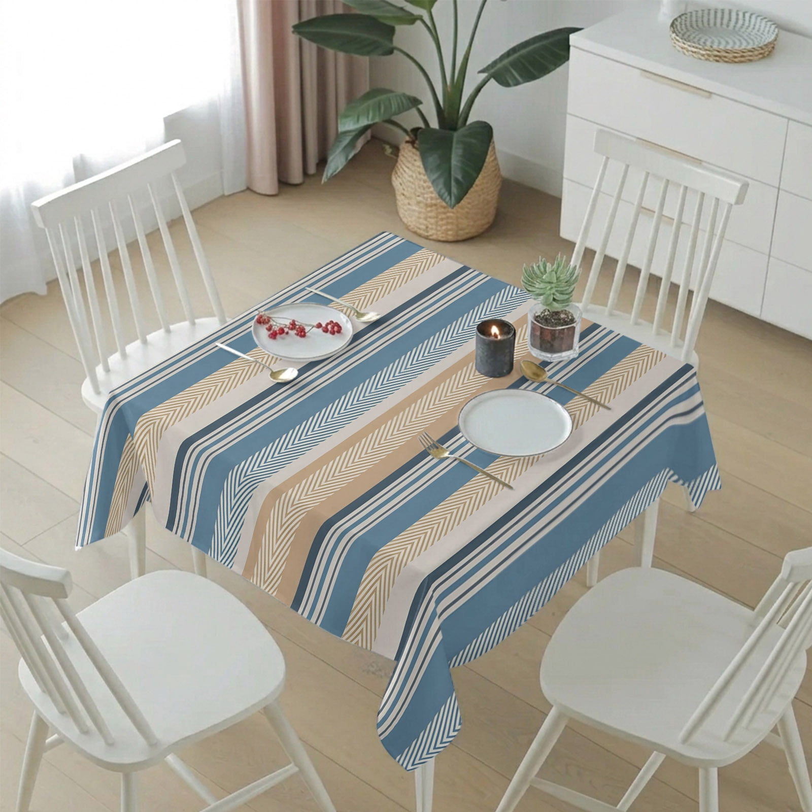 Blue Gradient Stripes Retro Table Cloth 54x54in, Waterproof Square ...