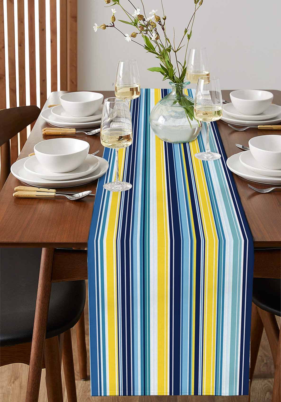 Blue Gradient Stripes Table Runner 13x36in Non-Slip Cotton Linen Table ...