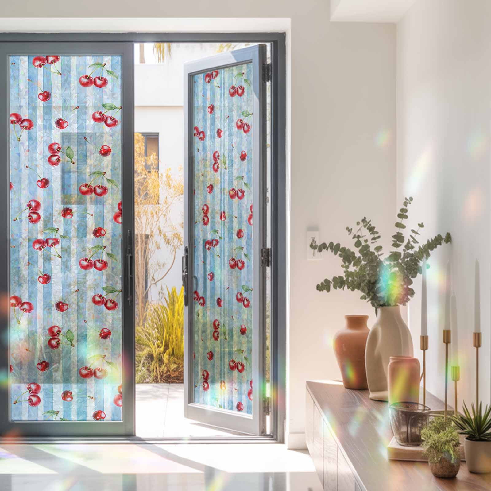 Blue Gradient Stripes Window Privacy Film Summer Red Cherry Fruit ...