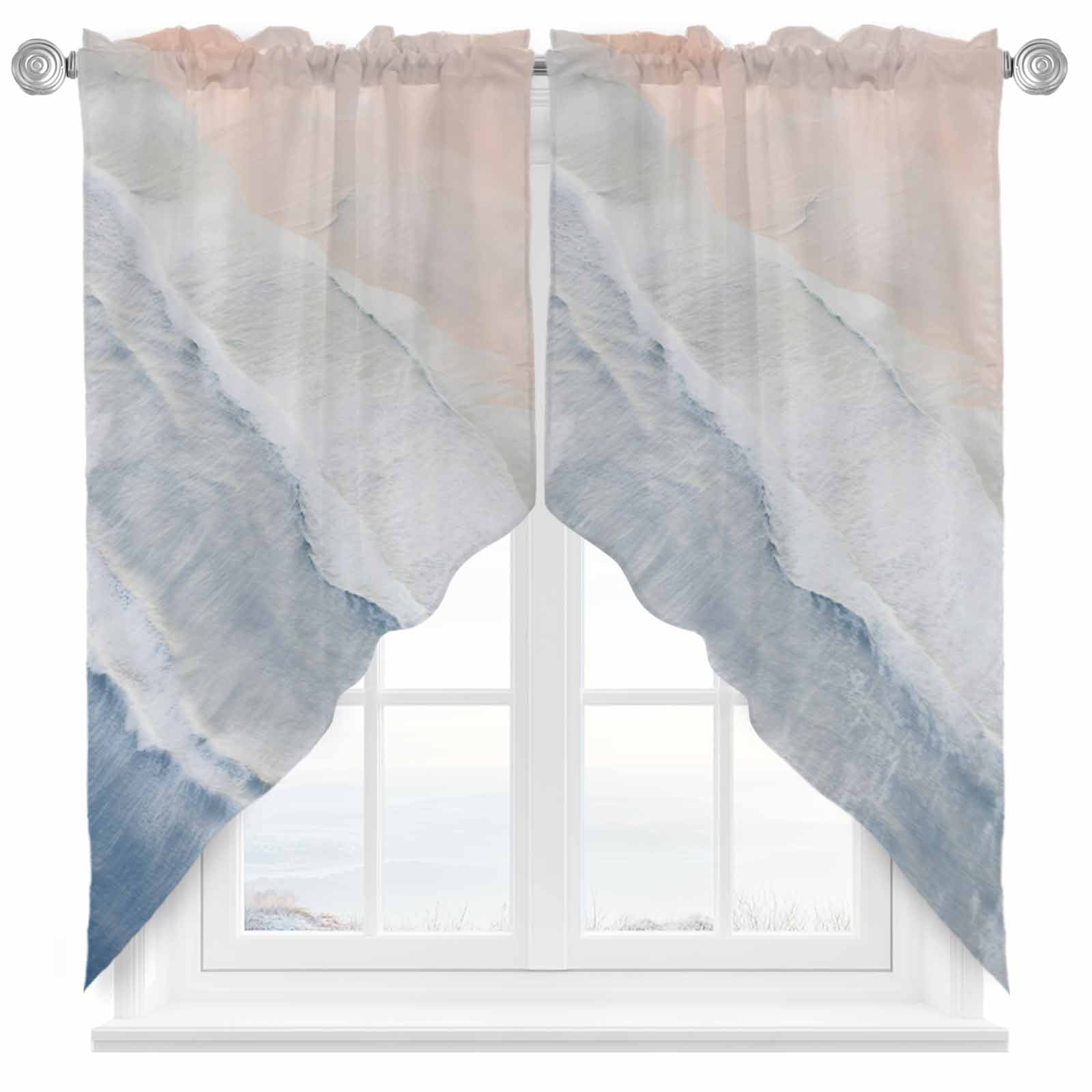 Blue Gradient Swag Kitchen Curtain Valances, Sea Waves Sandy Beach ...