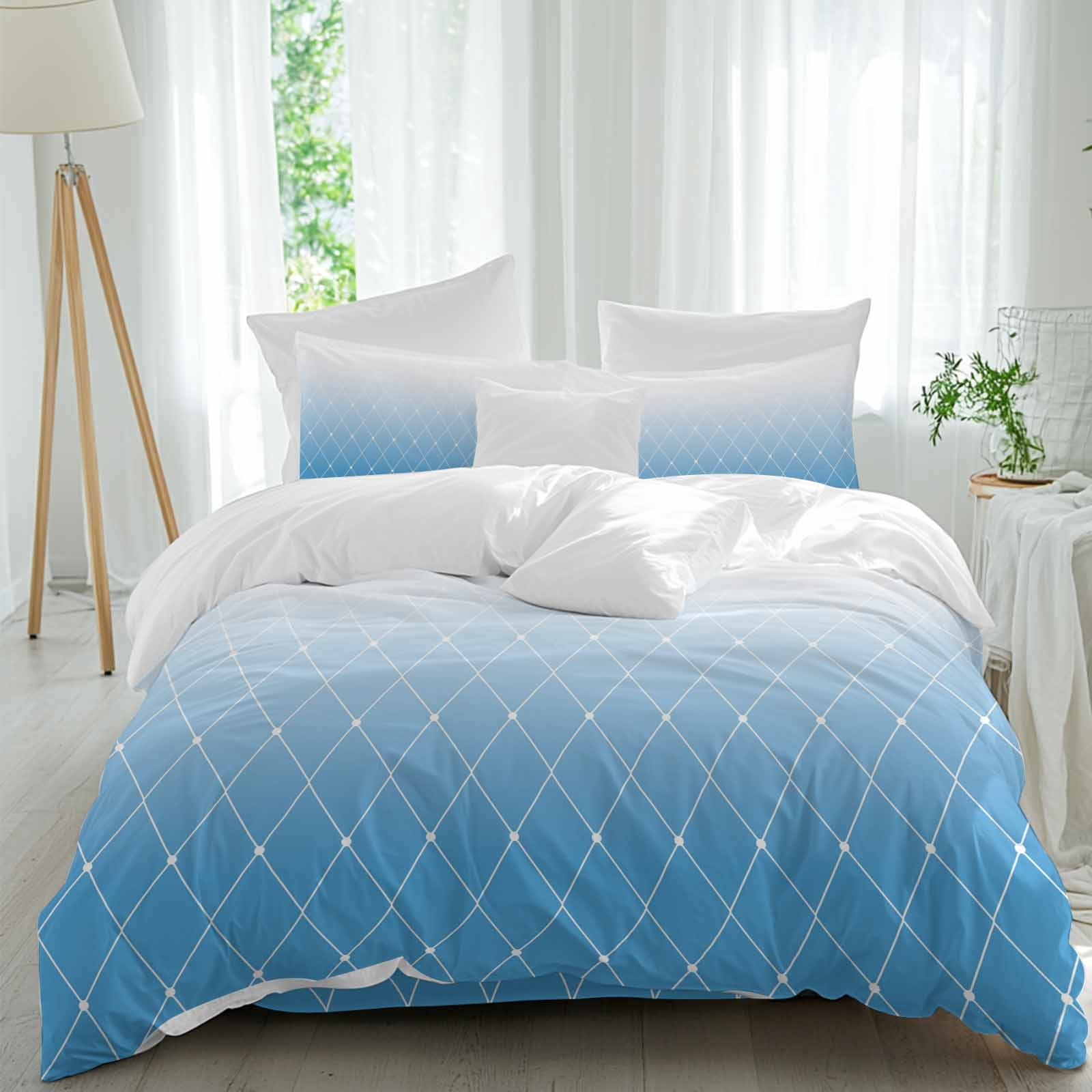 Blue Gradient Texture Full Duvet Cover Set, Rhombus Geometric Lines ...