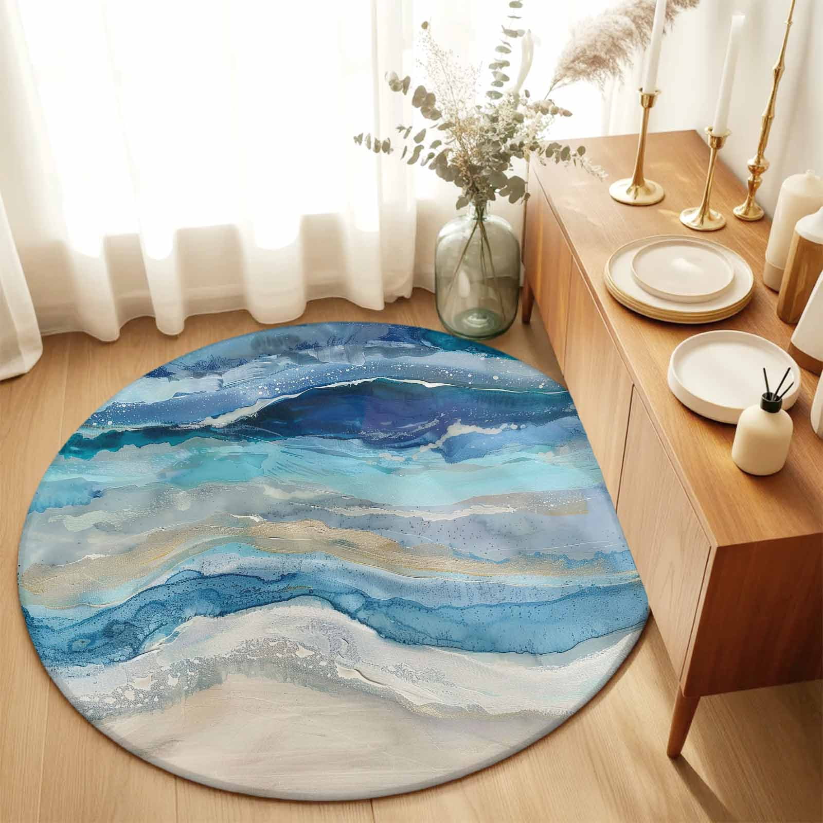 Blue Gradient Water Ripple Round Area Rug 3ft,Living Room Rug Non-Slip ...
