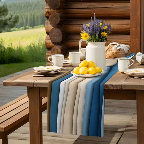 Blue Gradient Water Ripple Table Runner 13x90in Non-Slip Cotton Linen ...