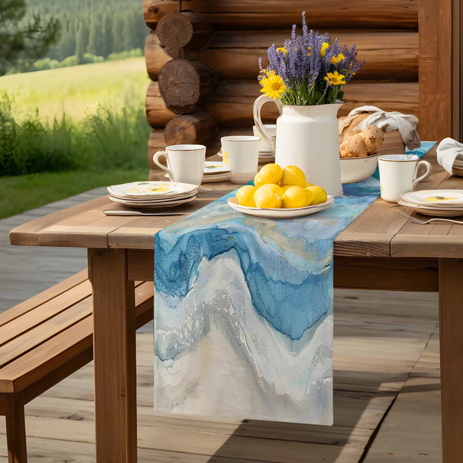 Blue Gradient Water Ripple Table Runner 60 Inch Long Watercolor Oil ...