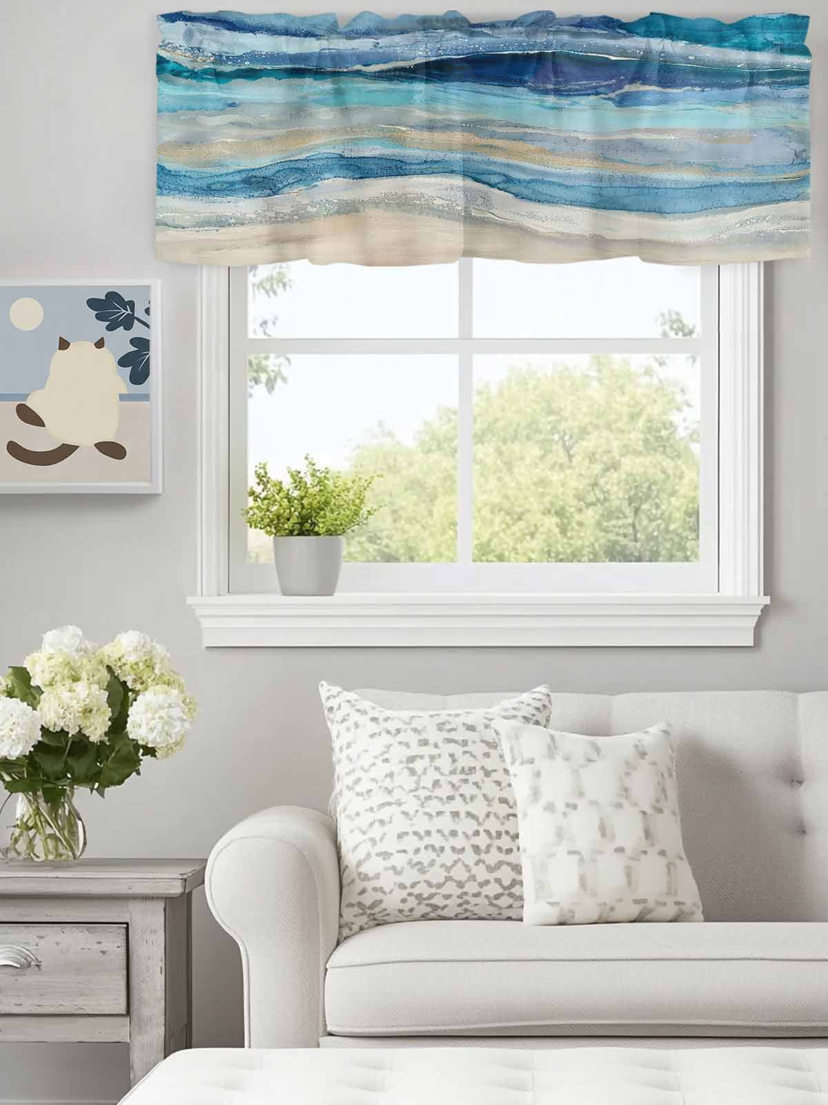 Blue Gradient Water Ripple Valances for Windows,Rod Pocket Valance for ...