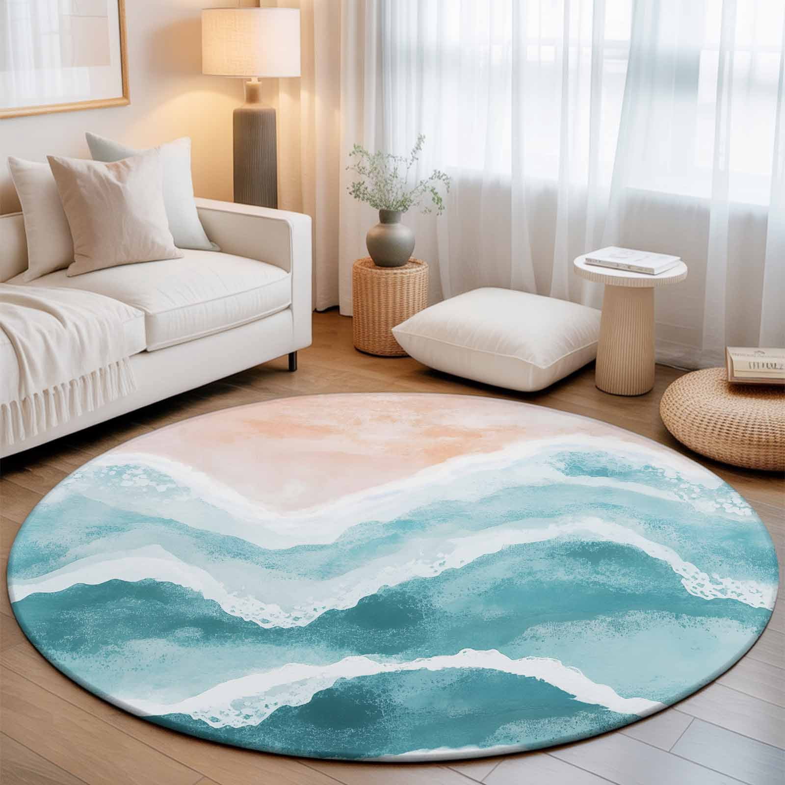 Blue Gradient Water Ripples Beach Round Rug 5ft Abstract Ocean Waves ...